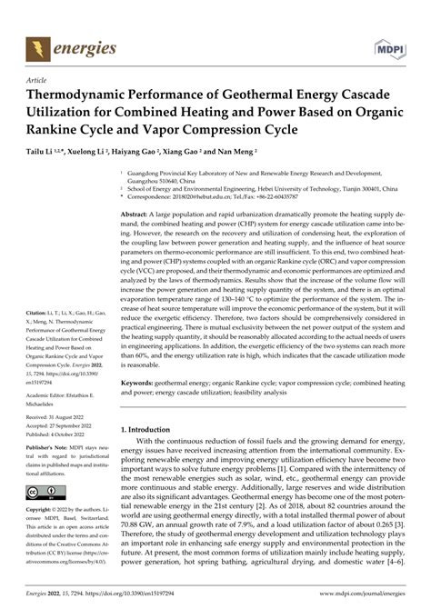 Pdf Thermodynamic Performance Of Geothermal Energy Cascade