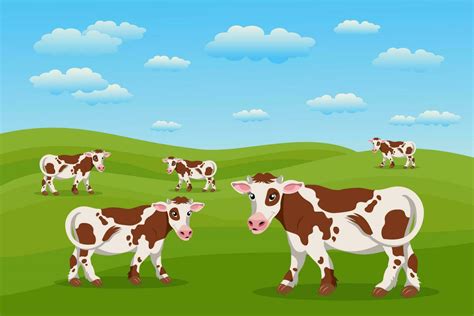Cute Spotted Cows In The Pasture Summer Landscape A Herd Of Cows Is