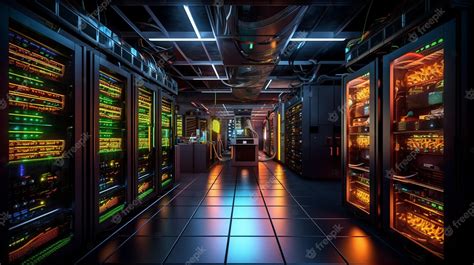 Premium Photo Computer Networking Server Room Warehouse Generative Ai