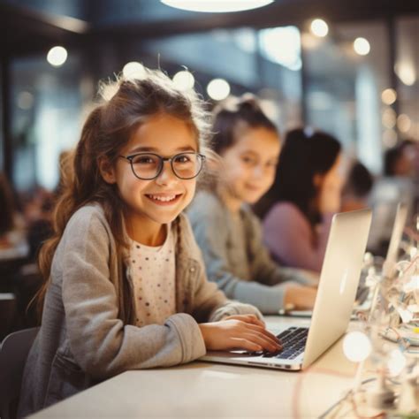 Premium Photo Portrait Kid Girl Learn To Code With Soft Blurred Friend In A Computer Lab