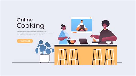 웹 브라우저 창 온라인 요리에서 요리사와 비디오 자습서를 보면서 요리를 준비하는 커플 가공의 인물에 대한 스톡 벡터 아트 및 기타 이미지 가공의 인물 가상현실 가정
