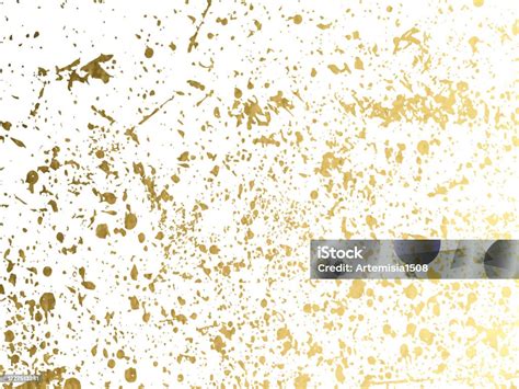 골드 라운드 스플래시 점 또는 반짝이는 스팽글 배경 손으로 그린 스프레이 텍스처 흰색 배경 템플릿에 황금 얼룩 불꽃 반짝임 또는