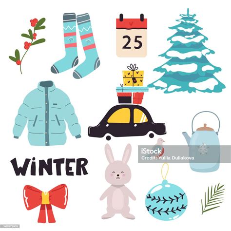 휴일 아이콘 자동차 재킷 양말 활 토끼 크리스마스 트리 주전자 선물 크리스마스 장식 달력의 벡터 세트 크리스마스 시간에 스크랩북 컬렉션 인사말 카드 새해 복 많이 받으세요