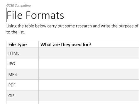 File Formats Worksheet And Answers Teaching Resources