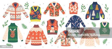흰색 배경에 고립 된 전통적인 크리스마스 못생긴 스웨터 세트 재미있는 장식과 니트 겨울 Xmas 풀오버 크리스마스 스웨터에 대한 스톡 벡터 아트 및 기타 이미지 Istock