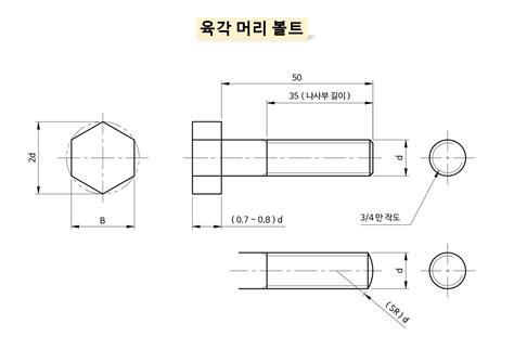 육각 머리 볼트 탭 구멍의 제도 치수 표시법