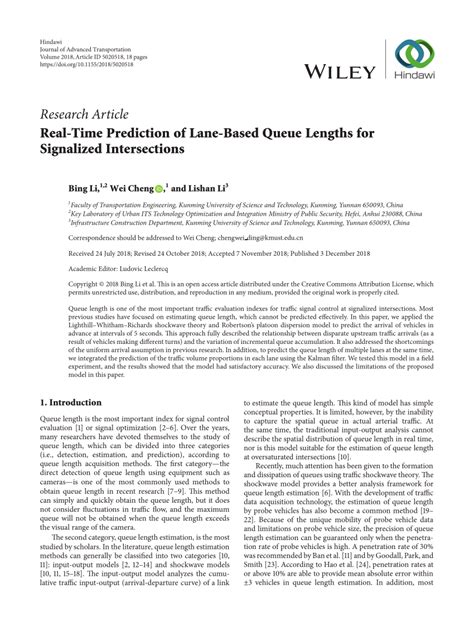 Pdf Real Time Prediction Of Lane Based Queue Lengths For Signalized Intersections