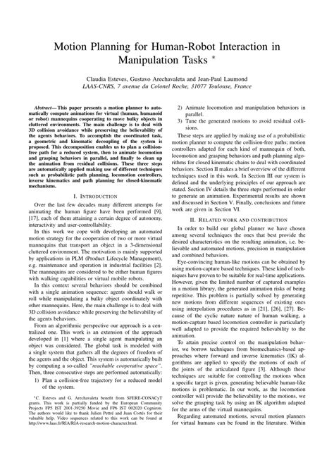 Pdf Motion Planning For Human Robot Interaction In Manipulation Tasks