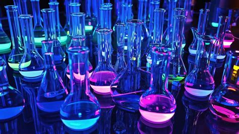 Colorful Laboratory Glassware Filled With Glowing Neon Liquid Under