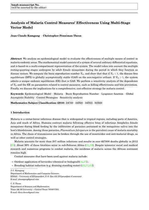 Pdf Analysis Of Malaria Control Measures Effectiveness Using Multistage Vector Model