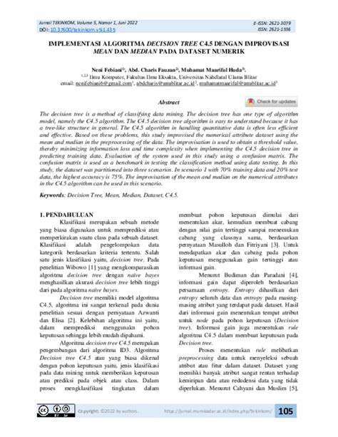 pdf implementasi algoritma decision tree c4 5 dengan improvisasi mean