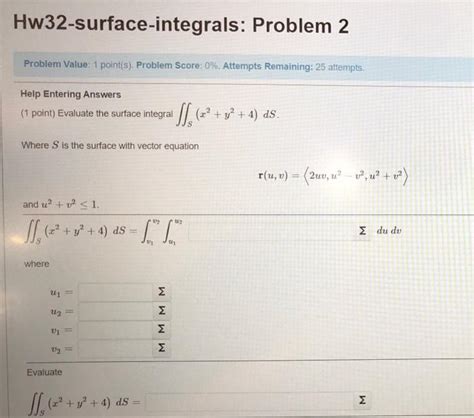 solved hw32 surface integrals problem 2 problem value 1