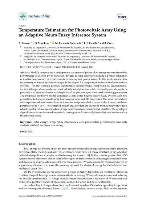 Pdf Temperature Estimation For Photovoltaic Array Using An Adaptive Neuro Fuzzy Inference System