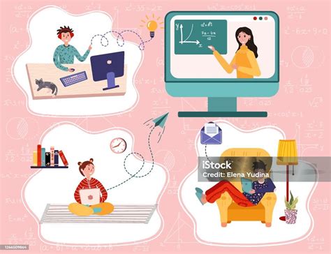 학교에서 거리 공부 학생들은 집에서 공부합니다 온라인 교육 남자와 여자는 집에 앉아서 컴퓨터 노트북 태블릿을 사용하여 수업을 E