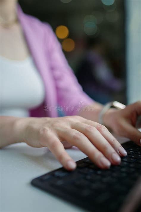 Close Up On Female Hands Typing On Laptop Keyboard Copy Space