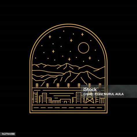 언덕 산 아래의 도시 모노 라인 아트 티셔츠 스티커 배지 등 자연 별 하늘 도시에 대한 스톡 벡터 아트 및 기타 이미지 도시 산 나무 Istock