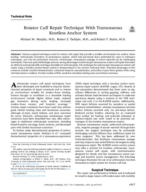 Pdf Rotator Cuff Repair Technique With Transosseous Knotless Anchor System