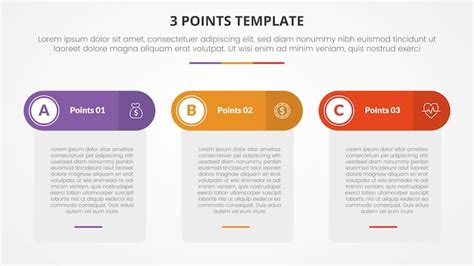 3 포인트 스테이지 템플릿 인포그래픽 슬라이드 프레젠테이션을 위한 개념 테이블 상자 및 둥근 헤더 3 포인트 목록 평평한 스타일 터 프리미엄 벡터