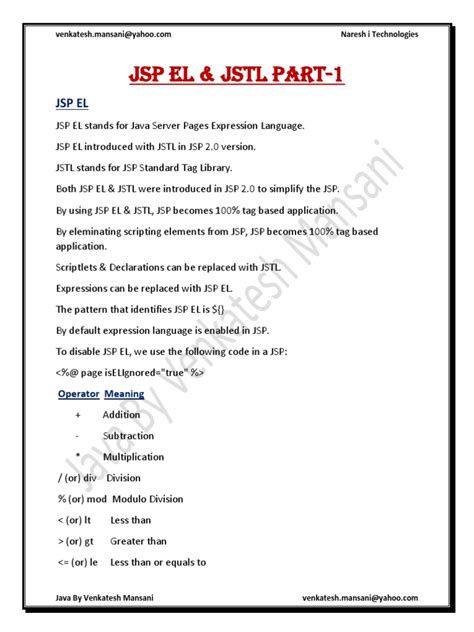 Jsp El And Jstl Part 1 Pdf Information Technology Management Object Oriented Programming