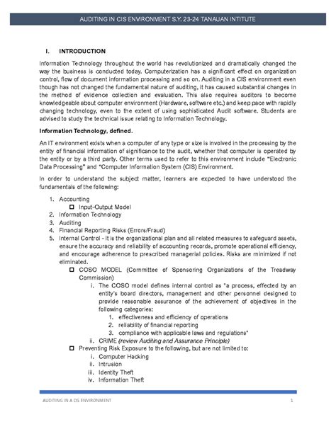 Introduction To CIS Environment Audit I INTRODUCTION Information Technology Throughout The