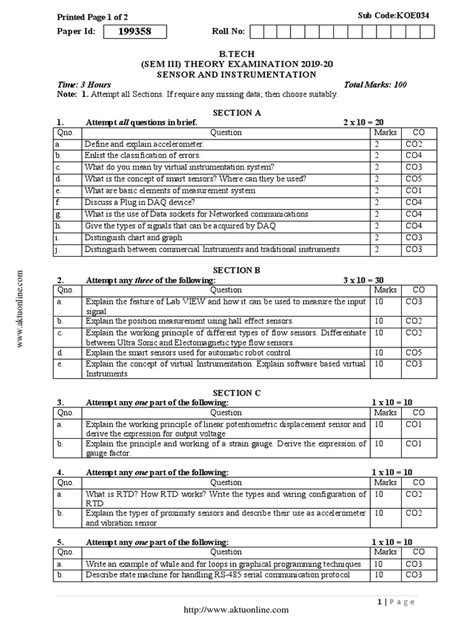 Btech 3 Sem Sensor And Instrumentation Koe034 2020 Pdf
