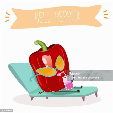 재미있는 만화 캐릭터 피망이 갑판 의자에서 일광욕을 하고 칵테일을 홀짝이는 벡터 그림 재료 건강 식품 어린이용 티셔츠 디자인 가공의 인물에 대한 스톡 벡터 아트 및 기타