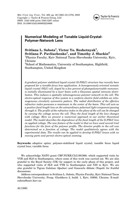 Pdf Numerical Modeling Of Tunable Liquid Crystal Polymer Network Lens