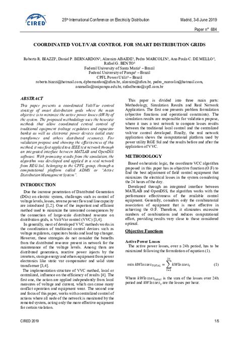 Pdf Coordinated Voltvar Control For Smart Distribution Grids