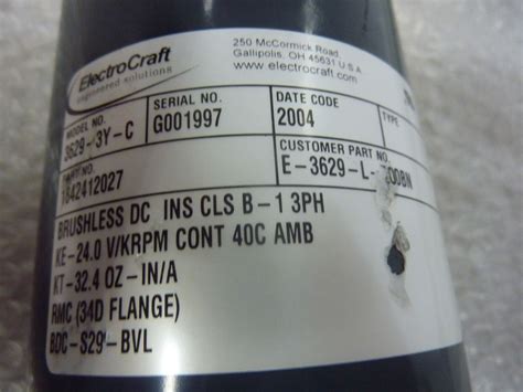 Electro Craft Reliance E 3629 L F00bn Brushless Dc Servo Motor 3629 3y