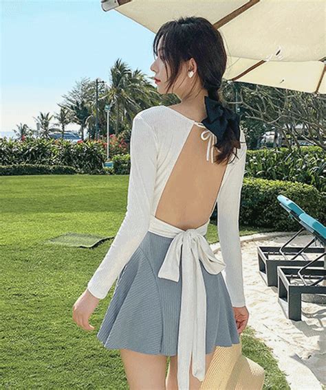 백오픈 니트긴팔 원피스 수영복 화이트