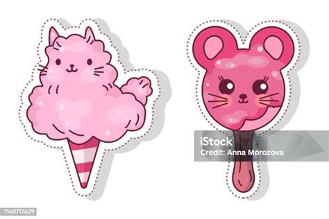 그림은 귀여운 고양이와 마우스 아이스크림 모양의 음식 세트 인사말 카드 흰색 절연 귀여운 벡터입니다 포스트 카드 마인드 인쇄 배너 스티커 개체 그룹에 대한 스톡 벡터 아트