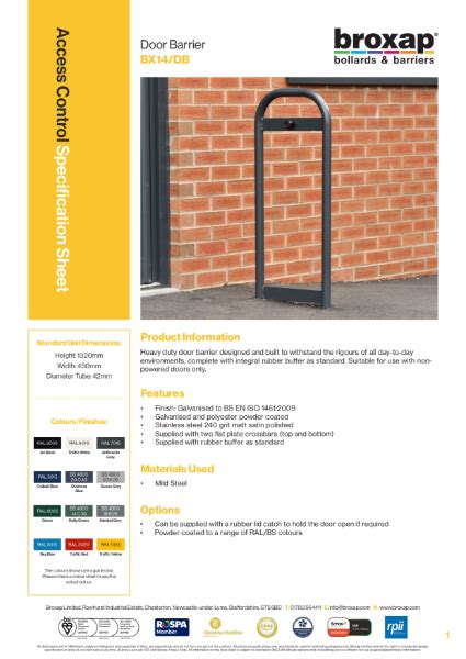 Door Barrier Specification Sheet Broxap Street Furniture Nbs Source