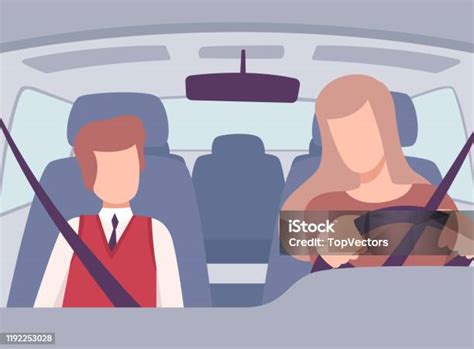 자동차를 운전하는 여자 승객 의자에 앉아 있는 소년 내부에서 정면 여성 드라이버 캐릭터 스티어링 휠 벡터 일러스트에 손을 들고 운전자 직업에 대한 스톡 벡터 아트 및 기타