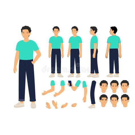 Young Male Character Creator Kit Vector Flat Style Multiple Poses And