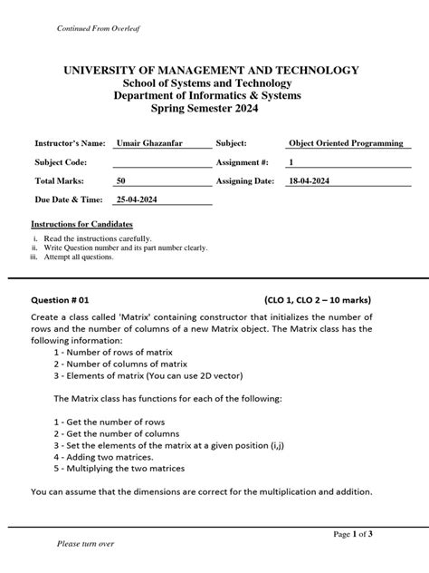 Assignment01 Oop Spring 2024 Pdf Matrix Mathematics Computer