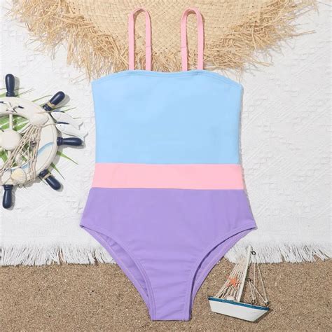 소녀 컬러블록 원피스 수영복 하이컷 어린이 수영복 7 14 세 청소년 수영복 모노키니 여름 비치웨어 2023 Aliexpress