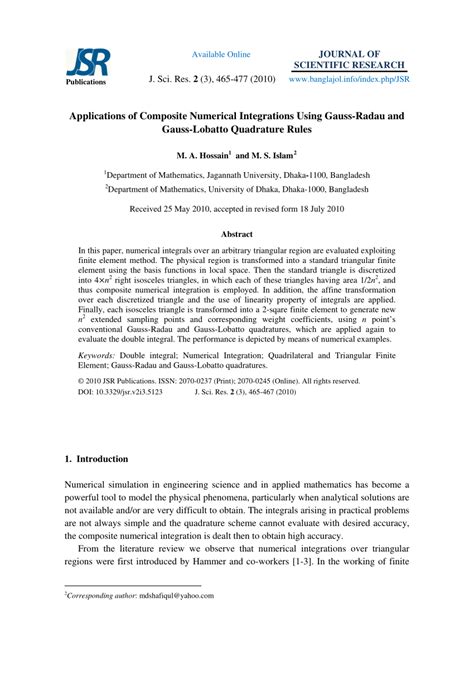 Pdf Application Of Composite Numerical Integrations Using Gauss Radau And Gauss Lobatto