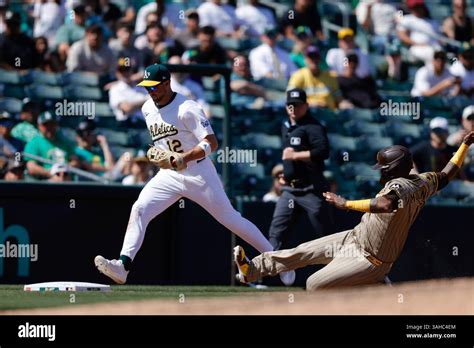 Athletics Shortstop Max Schuemann 12 Steps On Thrid Base To Force Out San Diego Padres Martín
