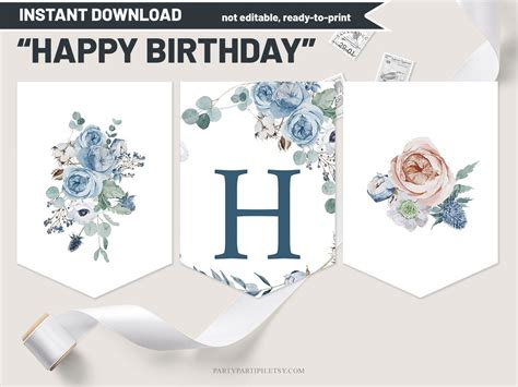 Printable Blue Flowers Happy Birthday Party Banner Flower Garden