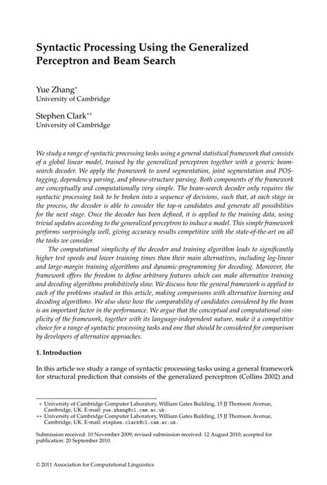 Pdf Syntactic Processing Using The Generalized Perceptron And Beam Search