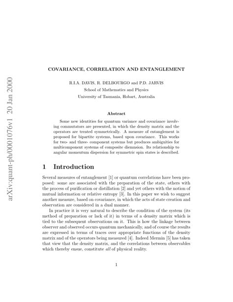 Pdf Covariance Correlation And Entanglement