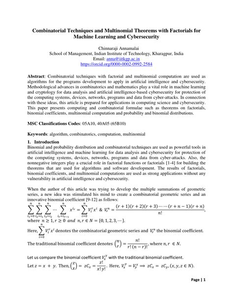 Pdf Combinatorial Techniques And Multinomial Theorems With Factorials For Machine Learning And