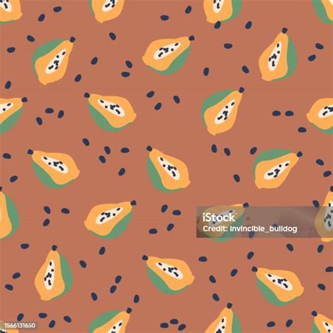 생생한 이음새가 없는 패턴 갈색 배경에 씨앗이 있는 귀여운 익은 파파야 벡터 일러스트레이션 0명에 대한 스톡 벡터 아트 및 기타 이미지 Istock