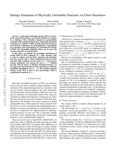Entropy Estimation Of Physically Unclonable Functions Via Chow Parameters Deepai