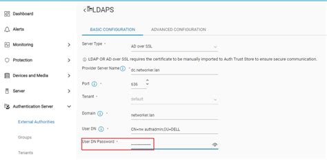 networker ad ldap authentication fails with 500 internal server
