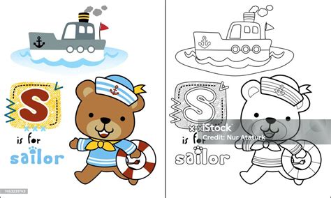 보트와 함께 생명 부표를 운반하는 선원 의상을 입은 곰 만화의 색칠하기 책 드로잉에 대한 스톡 벡터 아트 및 기타 이미지 드로잉 만화 색칠하기 Istock