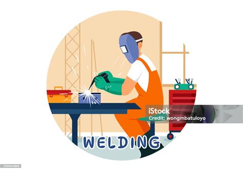 용접 서비스 벡터 일러스트 전문 용접기 작업 용접 금속 구조 파이프 및 철강 건설 평면 만화 배경 강철에 대한 스톡 벡터 아트