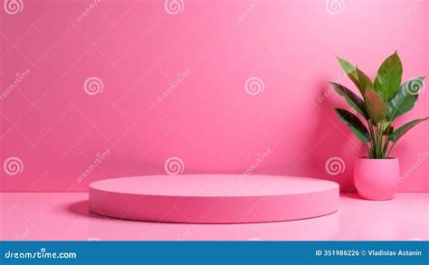 simple product display platform on a bright pink wall stock