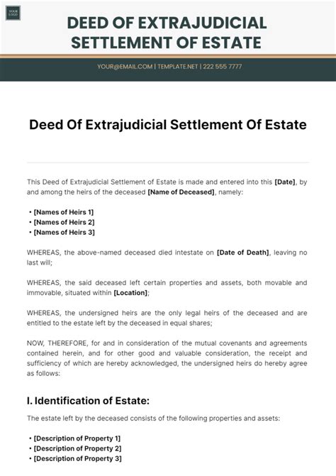 Free Deed Of Extrajudicial Settlement Of Estate Template To Edit Online