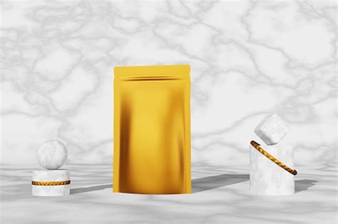 골든 럭셔리 파우치 백 브랜딩 디자인 모형 대리석 배경 연단 3d 렌더링 프리미엄 커피 원두 팩 템플릿 차 뜨거운 음료에 대한
